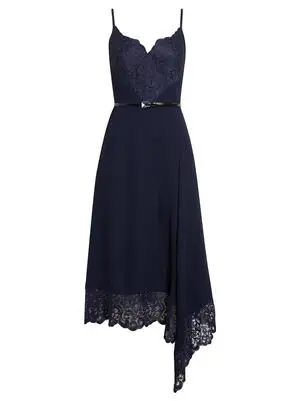 St. John Lace Trim Asymmetric Satin Back Crepe Dress - Midnight