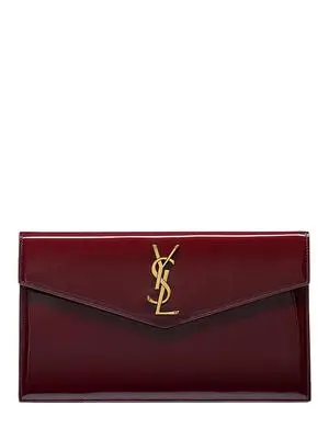 Saint Laurent Uptown Clutch In Patent Leather Dark Red Wine Patent/gold