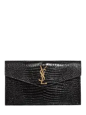 Saint Laurent Uptown Croc-embossed Leather Clutch - Black Croc/gold
