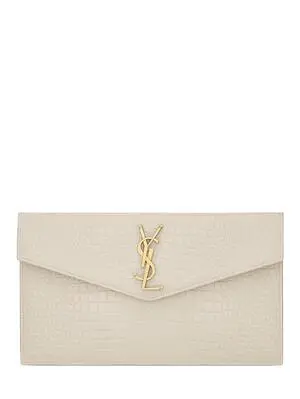 Saint Laurent Uptown Croc-embossed Leather Clutch - Blanc Croc/gold