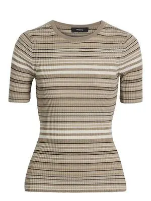 Theory Striped Ribbed Merino Wool Top - Mushroom