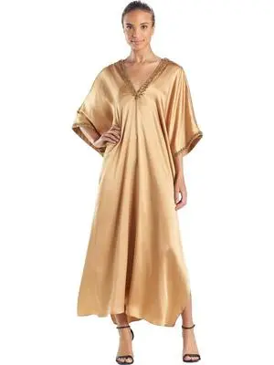 Natori Embellished Silk Caftan - Gold