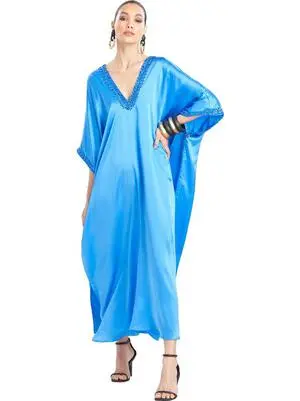 Natori Embellished Silk Caftan - Natural