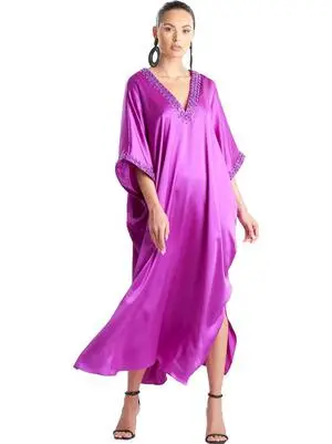 Natori Embellished Silk Caftan - Pink