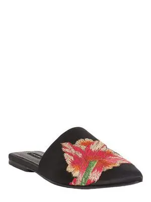Natori Arri Satin Embroidered Slides - Black