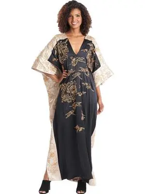 Natori Couture Dragon Embroidered Cocoon Silk Caftan - Black