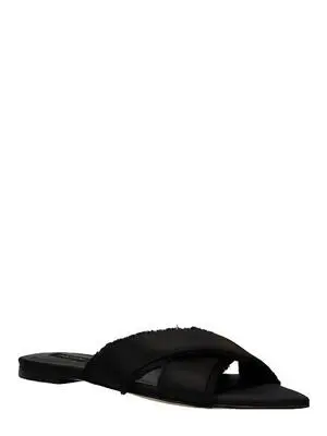 Natori Wayu Satin Fringe Cross Slide Sandals - Black