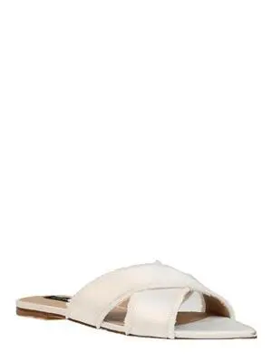 Natori Wayu Satin Fringe Cross Slide Sandals - White