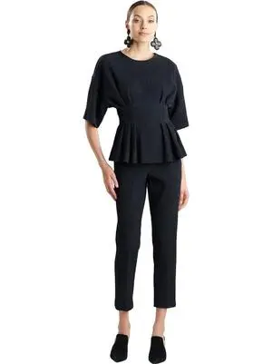 Natori Cotton Jacquard Pleated Peplum Top - Black