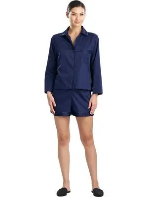 Natori Cotton Sateen Embroidered Notch Shorts Pj - Navy / Blue