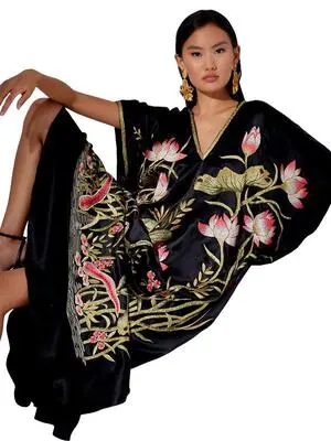Natori Couture Lotus Embroidered Cocoon Silk Caftan - Black
