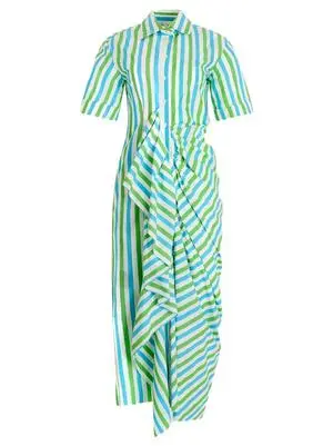 Rosie Assoulin Gathered Ruffle Striped Midi Shirt Dress - Blue