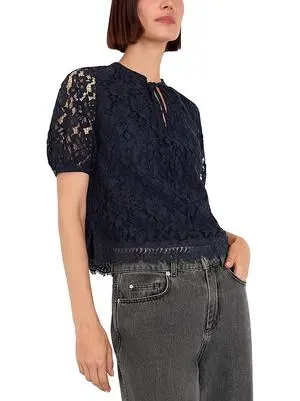 Whistles Lace Tie Neck Top - Navy