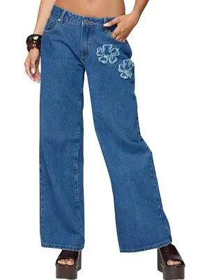 EDIKTED Flower Patch Low Rise Jeans - Blue