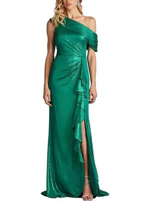Tadashi Shoji Metallic Waterfall Flounce Gown - Green