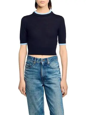 Sandro Two Tone Cropped Short Sleeve Sweater - Navy Blue