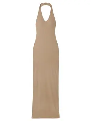 Eterne Ribbed Jersey Halterneck Maxi Dress Camel