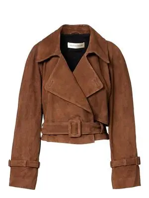 Nour Hammour Hatti Belted Cropped Suede Trench Coat - Brown