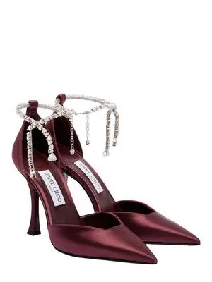 JIMMY CHOO Stevie 100 Embellished Satin Pumps - Burgundy