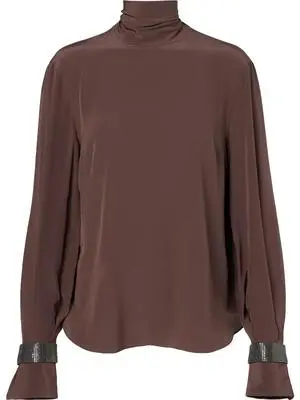 Brunello Cucinelli Monili Turtleneck Silk Blouse - Brown