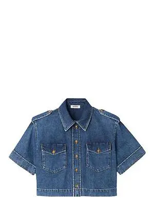 Sandro Cropped Chest-pocket Denim Shirt - Blue Jean