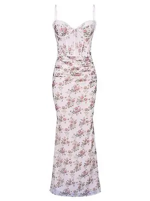 House Of Cb Floral-print Body-con Maxi Dress - Cream Rose Print