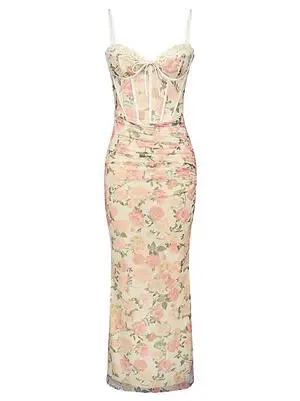 House Of Cb Floral-print Stretch-mesh Maxi Dress - Peach Floral