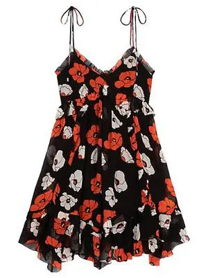 The Kooples Floral-print Asymmetric Mini Dress - Black Red Off White