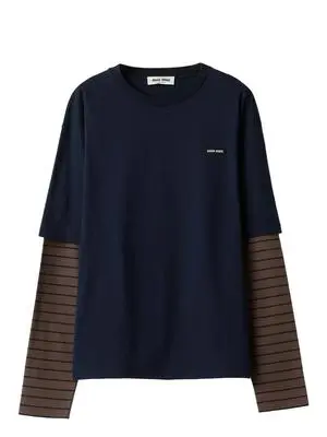Miu Miu Long-sleeved Jersey T-shirt - Blue/cocoa Brown