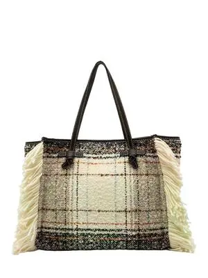 GIANNI CHIARINI Plaid Fringed Tote Bag - Neutrals