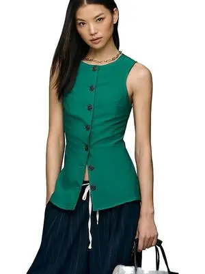 Maeve Button-front Cotton Blend Vest Top - Elm Green