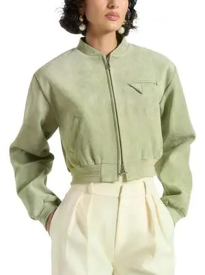 Manière De Voir Monique Wide-shoulder Suede Bomber Jacket - Green