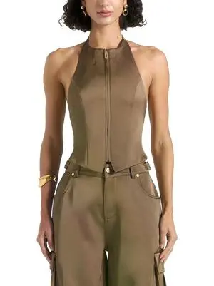 Manière De Voir Claudette Satin Halterneck Top - Brown