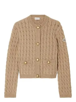 Moncler Appliquéd Cable-knit Cotton-blend Cardigan - Neutrals