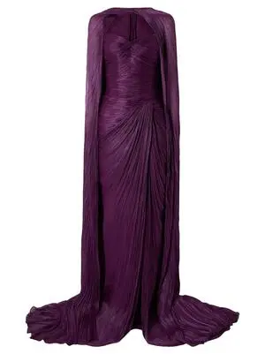MARMAR HALIM Cape-effect Plissé Silk-satin Gown - Purple