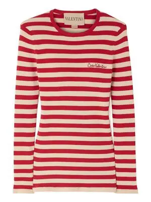 Valentino Garavani Embroidered Striped Ribbed-knit Cotton Sweater - Red