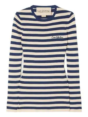 Valentino Garavani Embroidered Striped Cotton Sweater - Blue