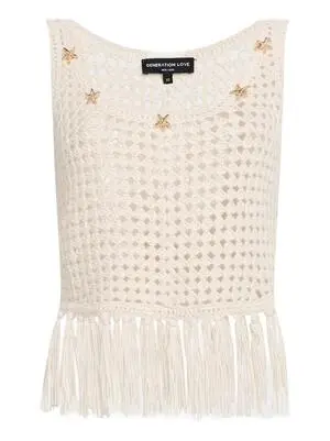 Generation Love Embellished Crochet Fringe Tank Top - Natural