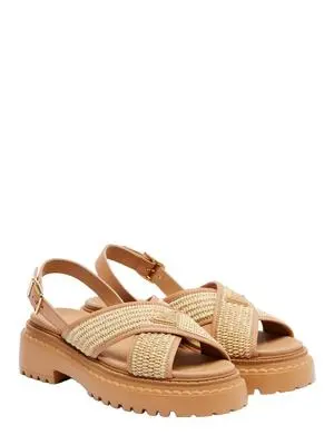 Prada Logo Crochet And Leather Platform Sandals - Beige