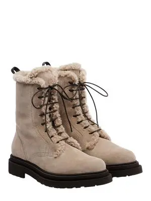 Brunello Cucinelli Shearling Trimmed Suede Combat Boots - Beige