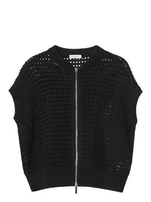Lafayette 148 New York Cotton Open Knit Zip Front Vest - Black