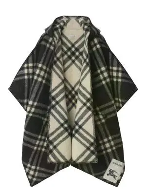 Burberry Hooded Check Wool Cape - Black