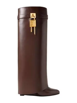 Givenchy Shark Lock Embellished Glossed-Leather Knee Boots Chocolate