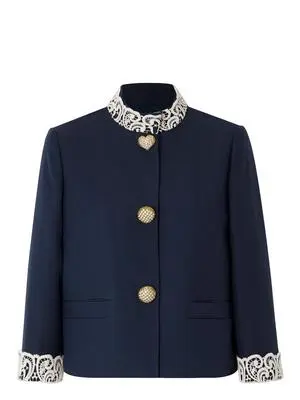 Valentino Garavani Guipure Lace-trimmed Wool And Silk-blend Twill Jacket - Blue