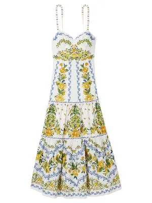 Farm Rio Sicily Tiered Bead-embellished Printed Cotton-poplin Midi Dress - Yellow