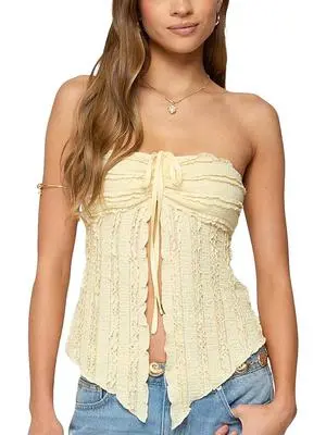 EDIKTED Textured Ruffle Split Front Strapless Top Yellow