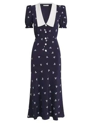 Alessandra Rich Silk Bow Midi Dress - Navy
