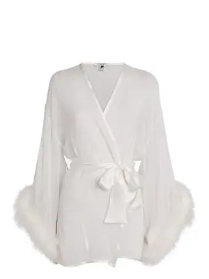 GILDA & PEARL Silk Feather-trim Sheer Short Robe - Ivory