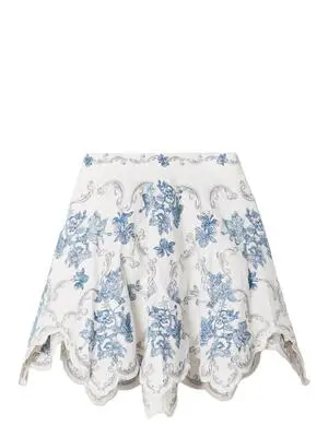 AGUA BY AGUA BY BENDITA Retrato Gloriosa Scalloped Embroidered Linen Mini Skirt - Off-white