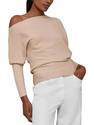 REISS Lorna Drape Knitted Top - Oatmeal Neutral